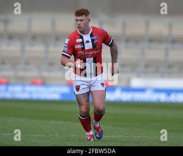 Harvey Livett (20) of Salford Red Devils leaves the pitch with an ...