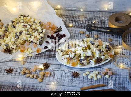 white chocolate fudge with pistachio, cashews, marmalade and dried ...