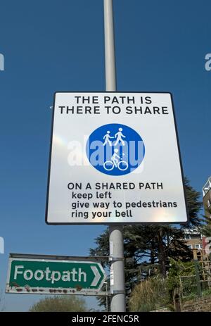 british shared path sign for pedestrians and cyclists on a pathway ...