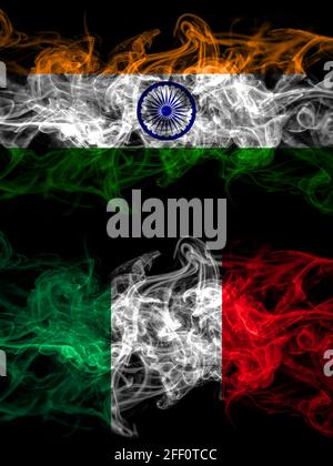 Italy vs India, Indian smoky mystic flags placed side by side. Thick ...