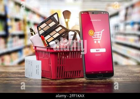 Cosmetics and beauty products buying online concept. Shopping basket with makeup products and mobile phone on shelf of cosmaetics shop. 3d illustratio Stock Photo Alamy