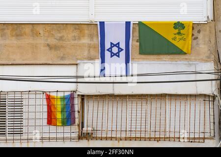 The national flag of Israel as windows in a wall from the Dohany street ...