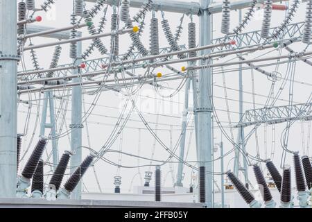 pole frames and wires in substations Stock Photo - Alamy