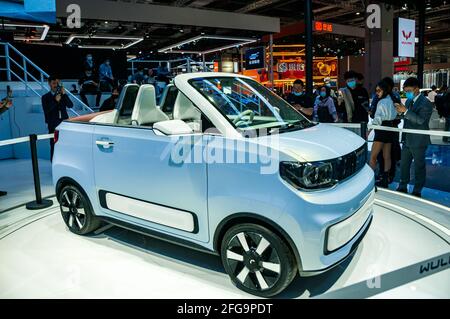 The Wuling Hongguang Mini EV Cabrio on display at the 2021 Shanghai ...