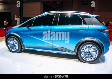 The BYD EA1 small hatchback EV on display at the 2021 Shanghai Auto ...