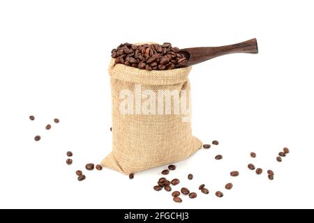 Coffee beans. Jute burlack sack with roasted coffee beans and coffee ...