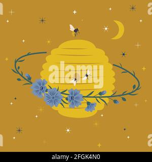 Sky background with bees and beehive on tree illustration Stock Vector ...