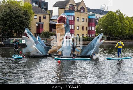 Sharks! art installation in the City Road Basin, London, United Kingdom ...