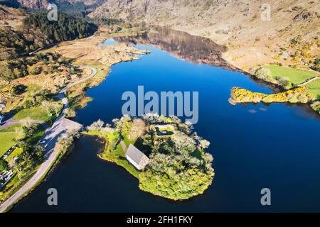 Aerial view of Gougane Barra National Forest Park, county Cork, Ireland ...