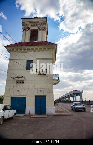 Kyzylorda, Kazakhstan: Tower building on Shardara river dam. Stalinist ...