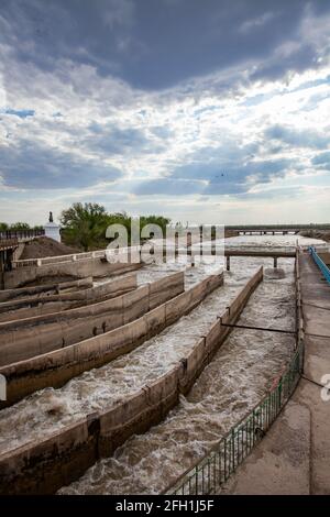 Concrete elements of Shirkeily channel. Dam of Shardara river and ...