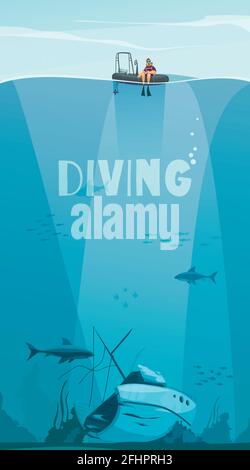 Scuba divers exploring shipwreck deep in the ocean flat comics style ...