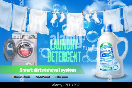 Washing machine ad. Stain remover banner design with realistic washing ...