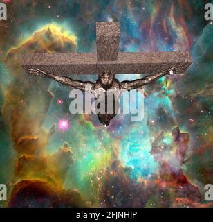 Crucified cyborg in space. 3D rendering Stock Photo - Alamy