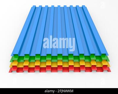 Sheets of metal roofing profile on a white background. 3d render ...