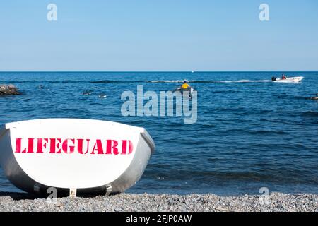 Lifeguard station with lifeboat on the beach, lifeguards, North Sea ...