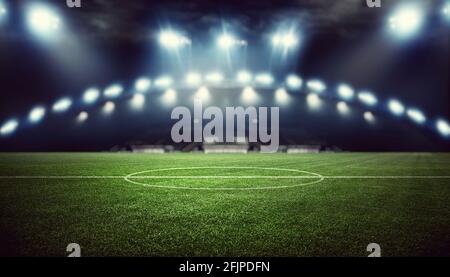 Football stadium, shiny lights, view from field. Soccer concept Stock ...