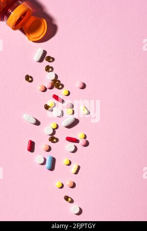 Heap of medicine pills. Background from colorful pills and capsules ...
