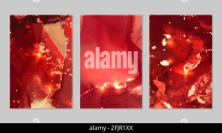 Set of marble patterns. Maroon and gold geode textures with glitter ...