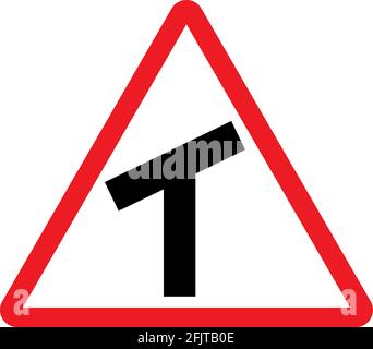 Warning signs Skewed side road junction on left on white background ...