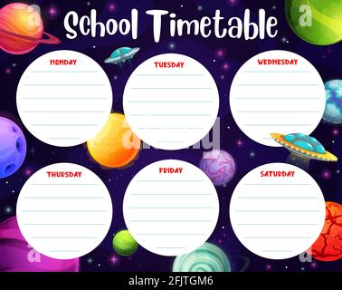 School timetable for kids with space planets in cartoon childish style ...