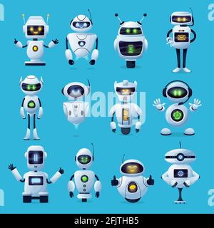 Cartoon robot characters, androids and robotic cyborg machines, vector kids toys. Funny robots ...