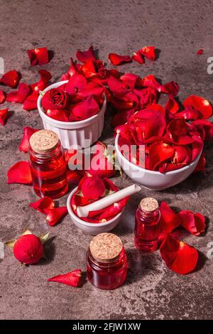 Rosewater with rose petals. Making organic rose essence for cooking ...