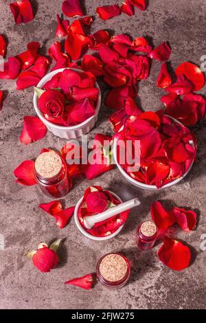 Rosewater with rose petals. Making organic rose essence for cooking ...