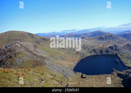 Views of Llyn Stwlan reservoir and dam from summit of Moelwyn Bach ...