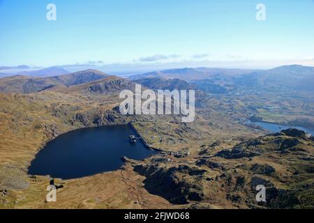 Views of Llyn Stwlan reservoir and dam from summit of Moelwyn Bach ...