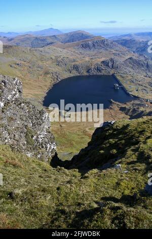 Views of Llyn Stwlan reservoir and dam from summit of Moelwyn Bach ...
