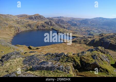 Views of Llyn Stwlan reservoir and dam from summit of Moelwyn Bach ...
