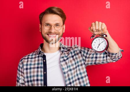 Photo of sweet charming young gentleman wear beige t-shirt smiling ...