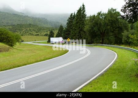 winding mountain path between forest and pasture in misty weather Stock ...
