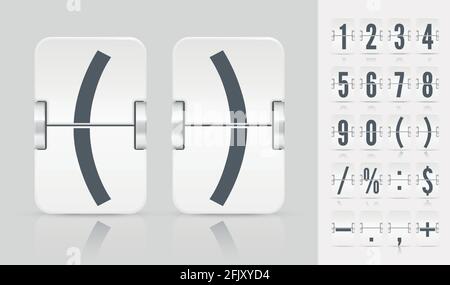 Flip number and symbol scoreboard with reflections on transparent background. Analog black ...