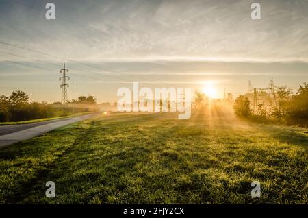 Novi Sad, Serbia - October 22, 2015: Sunrise at the exit of the village ...