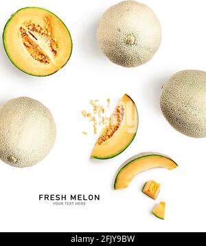 Fresh melon fruit creative layout isolated on white background. Healthy ...