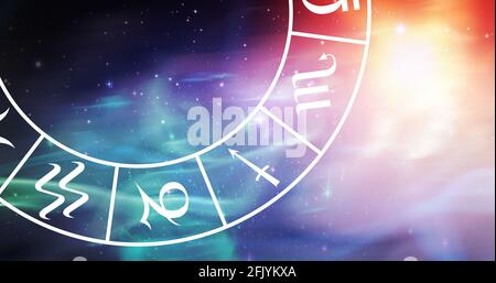 Composition of white zodiac star sign wheel over stars on blue ...