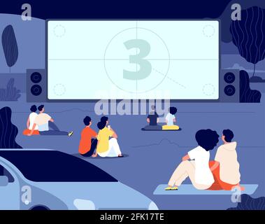 Open air backyard outdoor cinema screen at night cartoon illustration ...