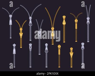 Sewing accessory zipper. Metallic open zippers and pullers. Stock vector illustration Stock ...