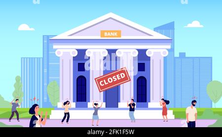 Bank closed. Financial crisis, people bankrupt. Angry crowd on street ...