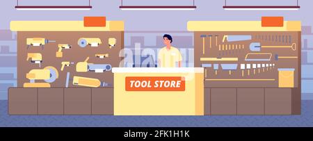 Toolstore interior. Tools shop, construction hardware on shelf ...