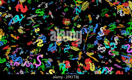 Many colorful dollar signs , dollar symbols. 3d rendering illustration ...
