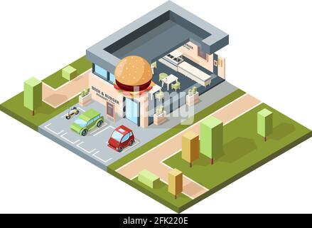 Modern fast food restaurant and shop buildings, store facades ...