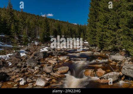 Color Jizera river near confluence with Jizerka creek in spring winter ...