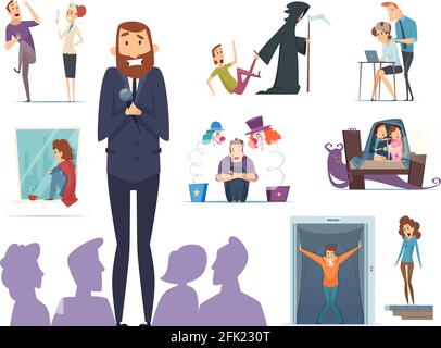 Human fears set. Scared characters confronting personal phobias ...