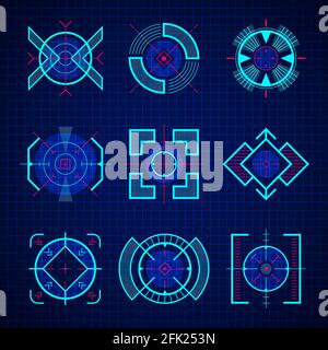 HUD aim control, futuristic target or navigation interface vector design of game ui or gui ...