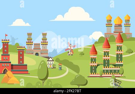 Cartoon medieval castles. Fairytale medieval towers, historical royal kingdom castles. Ancient ...