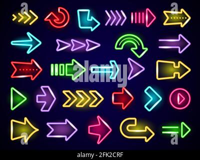 Neon arrows set. Glowing colorful signboard arrows icons Stock Vector ...