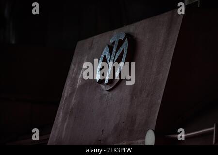Karaganda, Kazakhstan: Thermal electric plant machine room. Dark ...